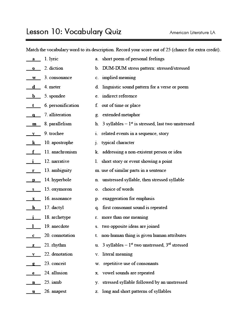 American Literature – Lesson 10 Vocabulary Quiz answers – Easy Peasy ...