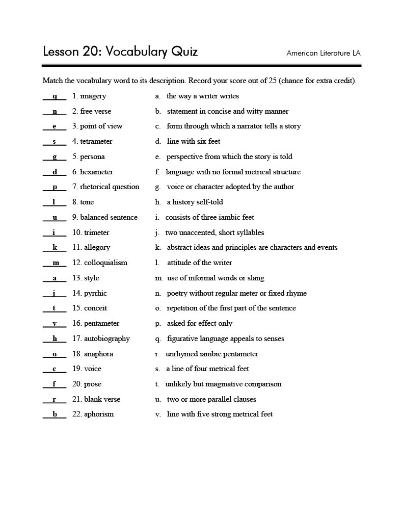 American Literature – Lesson 20 Vocabulary Quiz answers – Easy Peasy ...